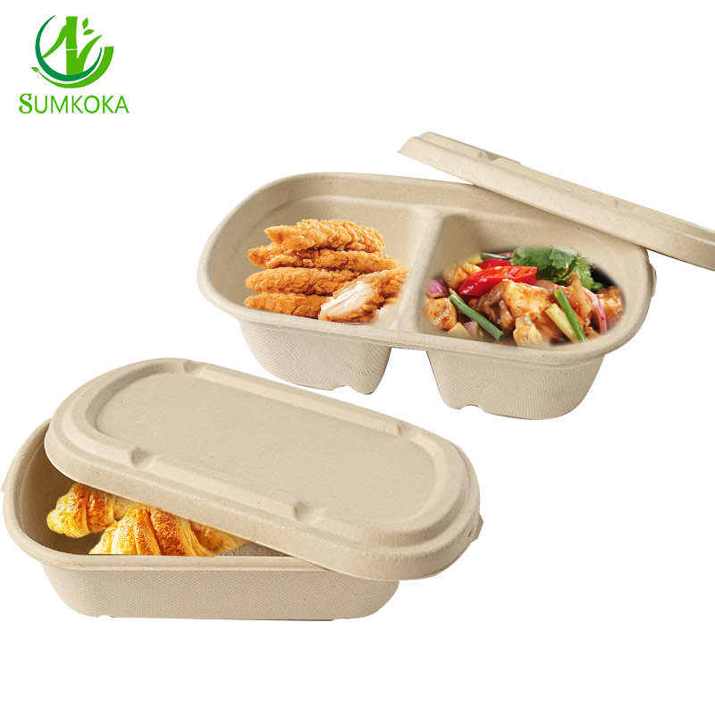 Wholesale 700ml 850ml 1000ml 2 Compartments Bagasse Bento Box with Lid ...
